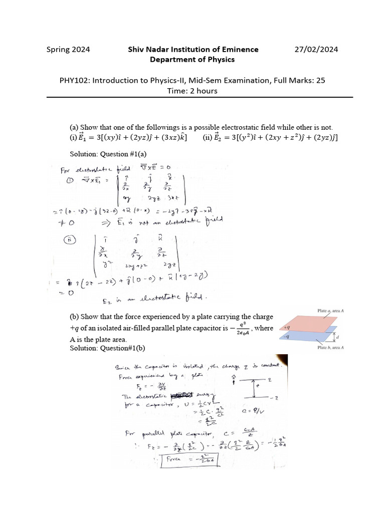 PHY102 Tute8 Questions Paper With Answers | PDF | Sphere | Electric Field