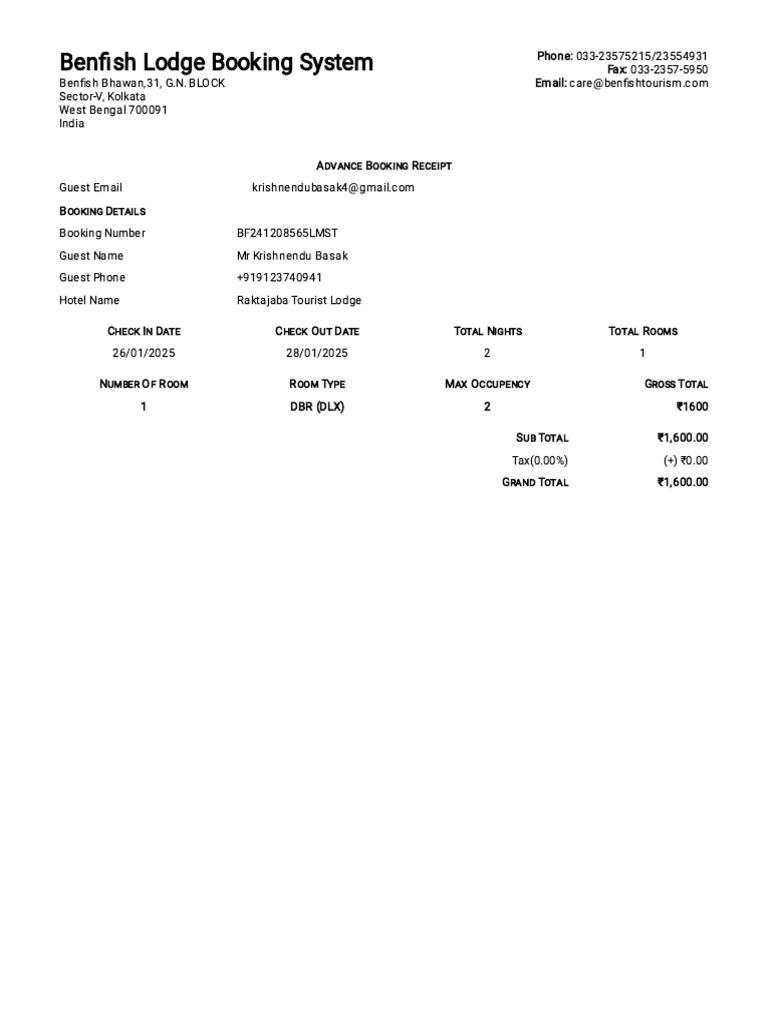 Print Advance Booking Receipt | PDF