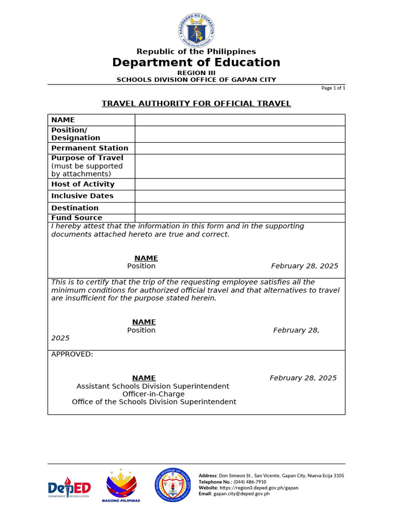 Travel Authority For Official Travel | PDF