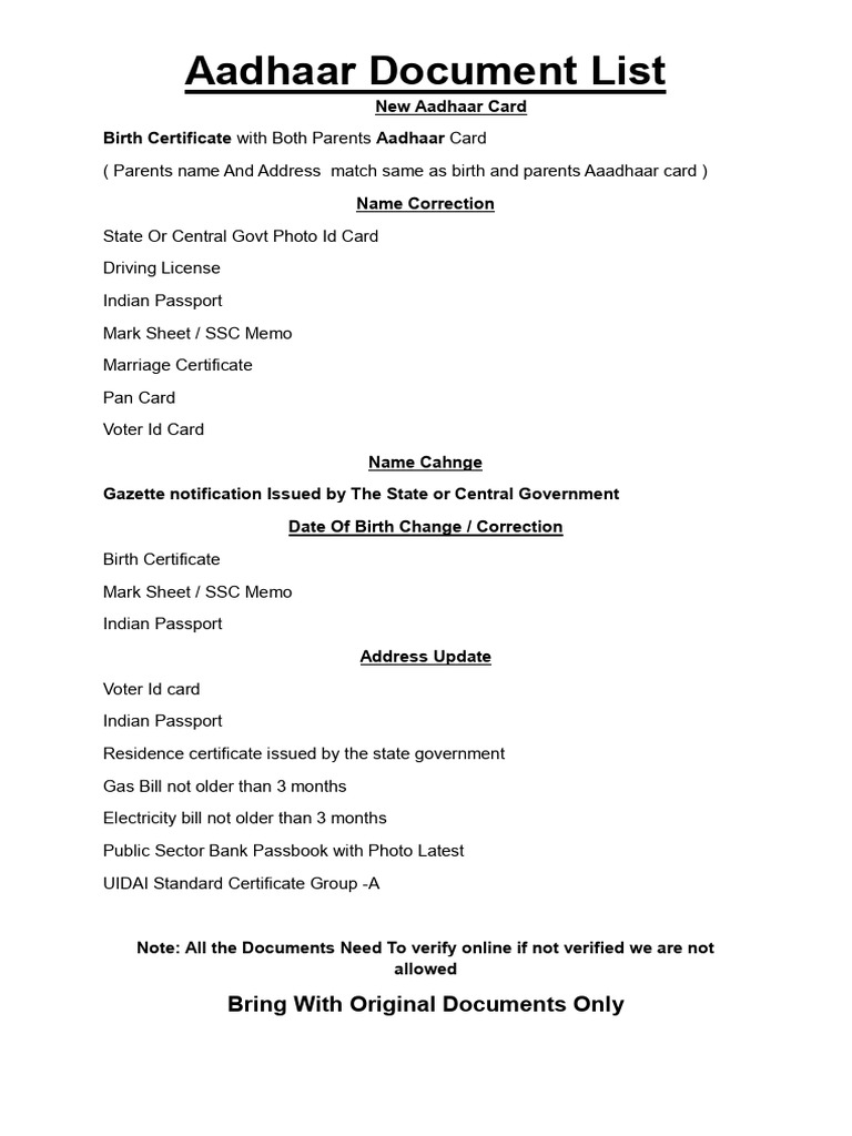 Aadhaar Card Document List | PDF
