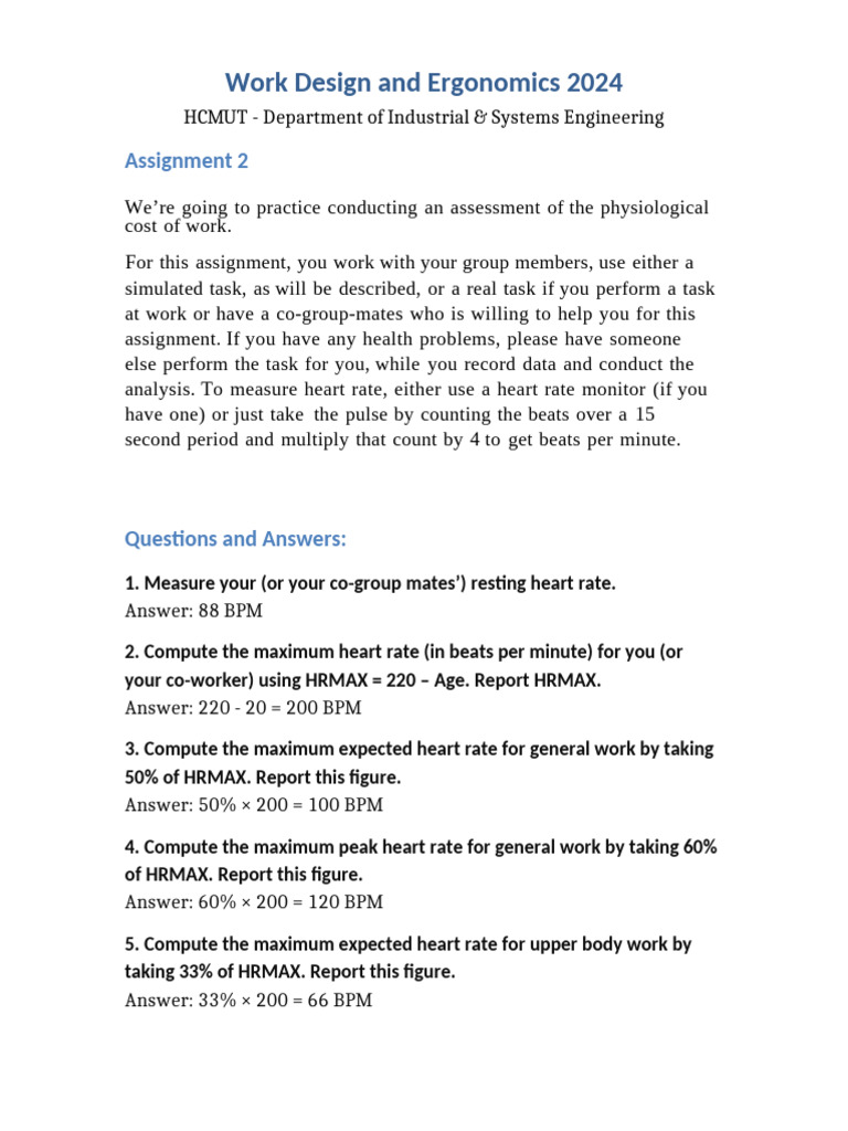 Work Design Ergonomics Assignment | PDF | Heart Rate | Cardiovascular ...