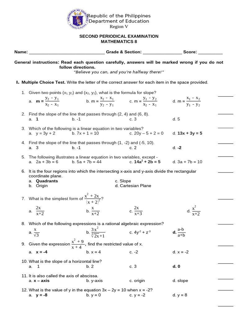 Mathematics 8 Periodical Exam Guide | PDF | Cartesian Coordinate System ...