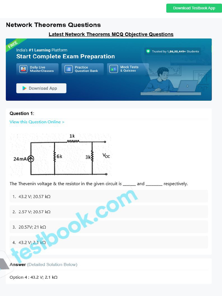 MCQ On Network Theorems 5eea6a0e39140f30f369e588 | PDF