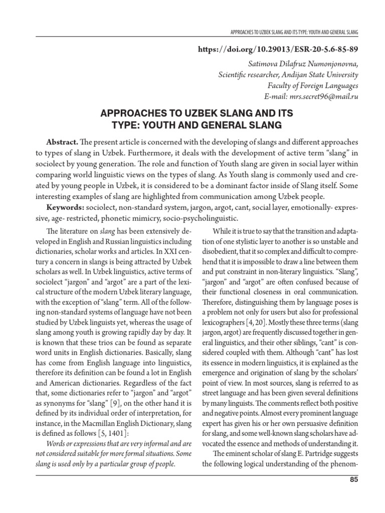 Approaches To Uzbek Slang and Its Type Youth and General Slang | PDF ...