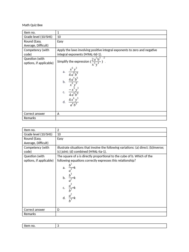 Math Fair Quiz Bee Questions | PDF | Quadratic Equation | Function (Mathematics)