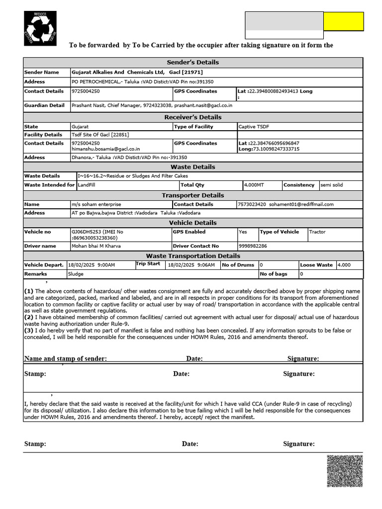Hazardous Waste Transport Manifest GACL | PDF | Pollution | Waste