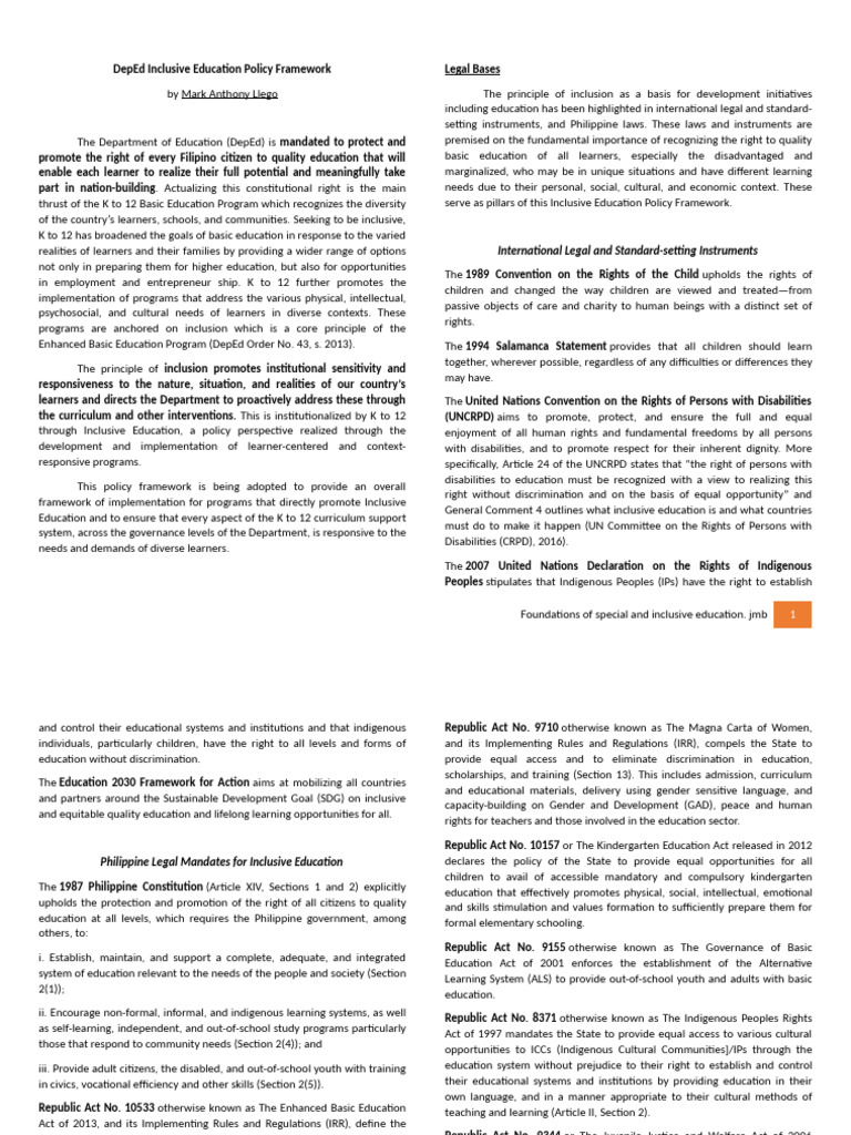 DepEd Inclusive Education Policy Framework | PDF | Inclusion (Education) | Learning