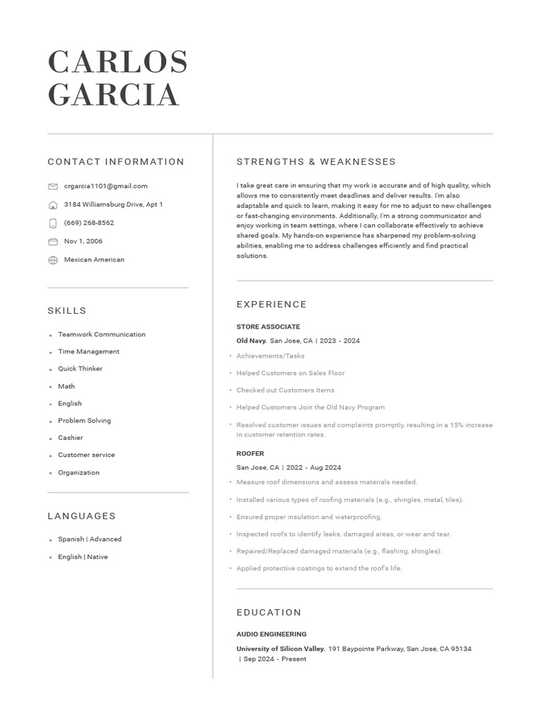 Carlos Rocha Garcia Resume | PDF | Roof