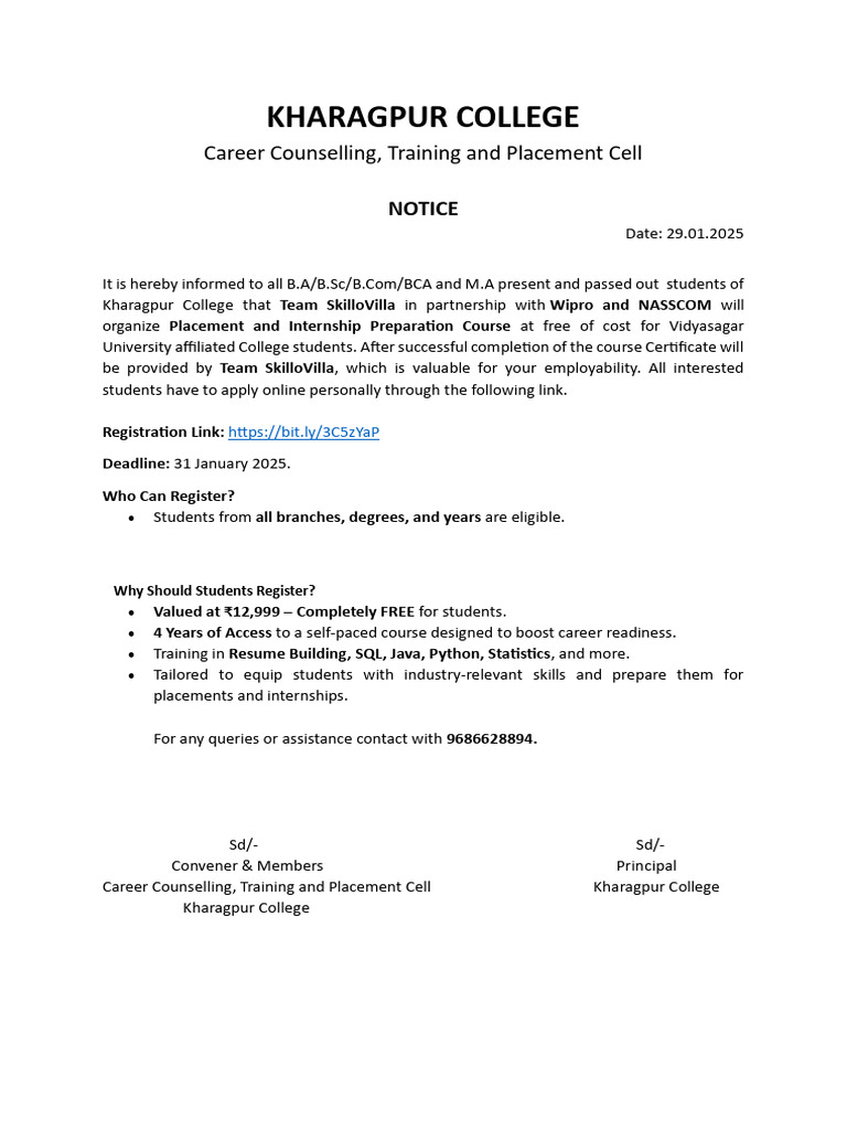 Free Placement and Internship Preparation Course (Team SkilloVilla) | PDF