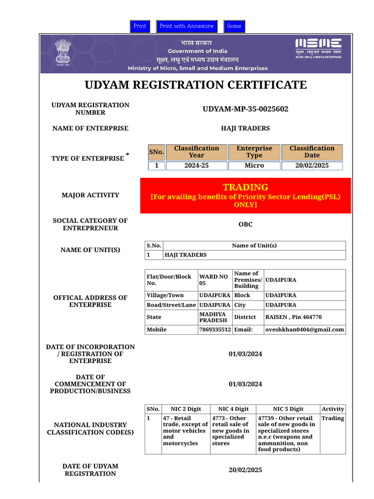 Print - Udyam Registration Certificate | PDF