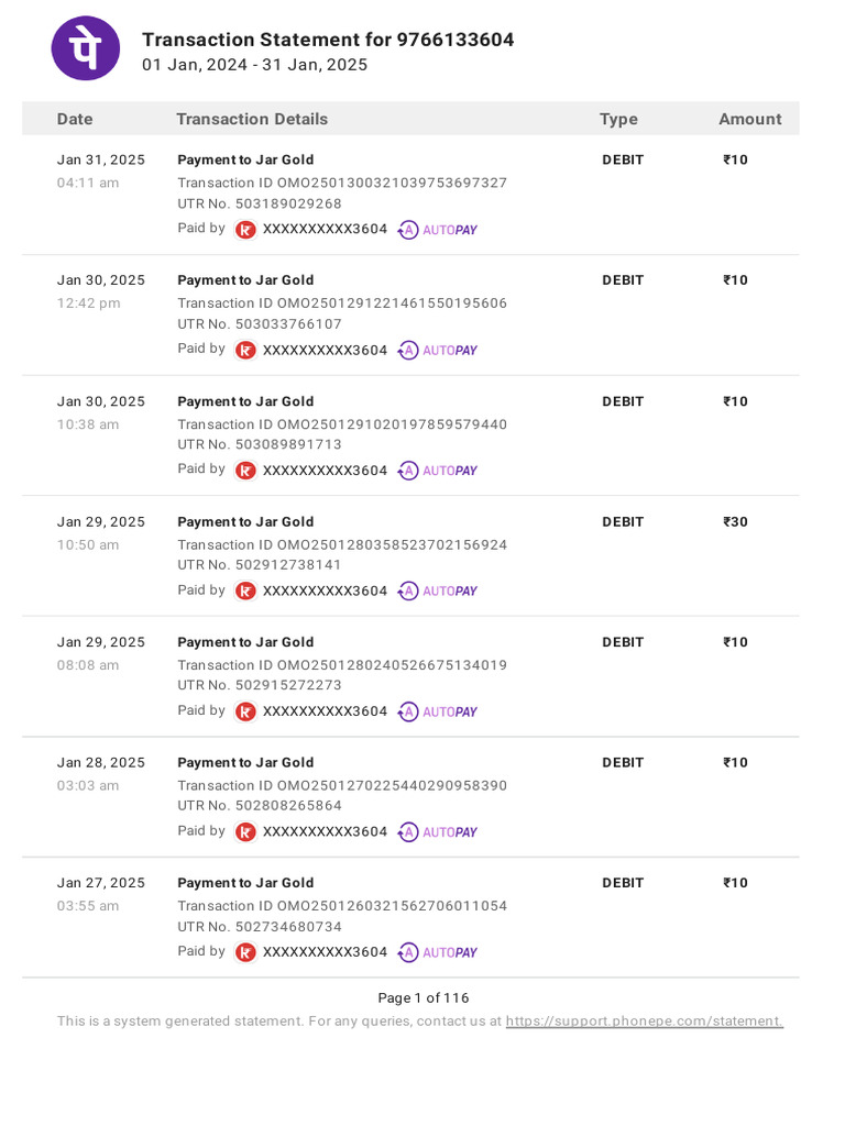 PhonePe Statement Jan2024 Jan2025 | PDF | Debit Card | Payments