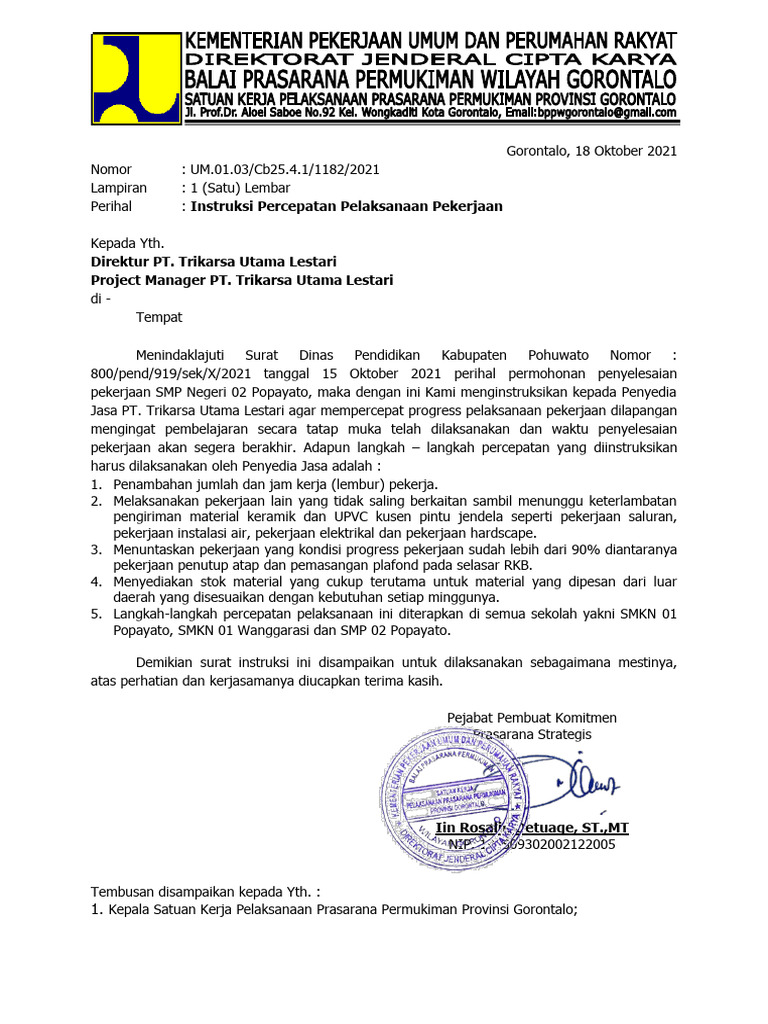 Surat Instruksi Percepatan Pelaksanaan Sekolah Pohuwato | PDF