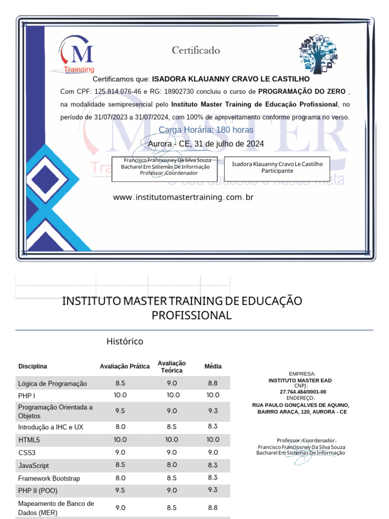 Certificado Instituto Master EAD ISADORA | PDF
