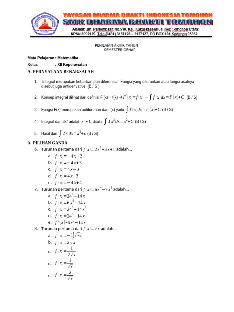 Soal Matematika Xii. Ta 24-25 | PDF