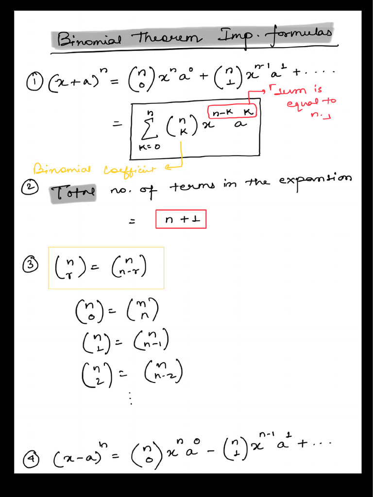 Binomial Theorem Imp Formulas | PDF