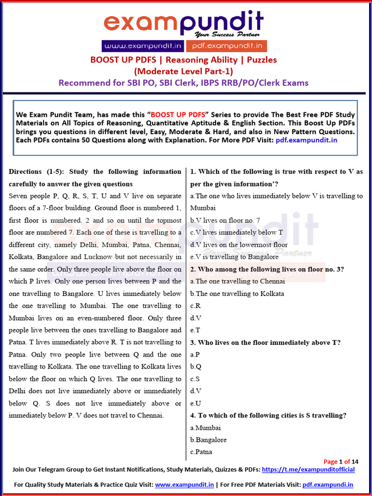 Puzzles Questions Moderate Level Part 1 Boost Up Pdfs | PDF | Quiz