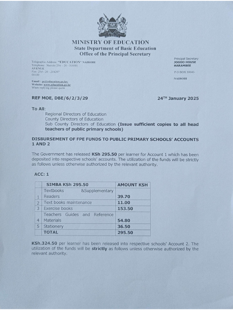 Fpe Vote Heads Term 1 2025 Disbursement | PDF
