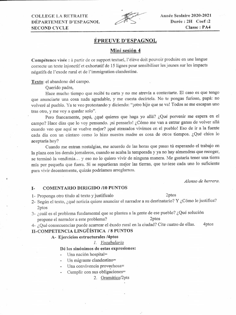 1erea4 Espagnol 4e Seq Col - La.Retraite 2020!2021 | PDF