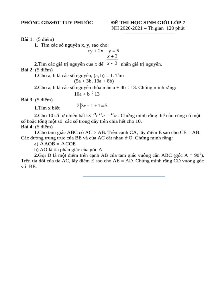 Đề Thi Hsg Lớp 7 Nh 2020-2021 - Huyện Tuy Phước | PDF