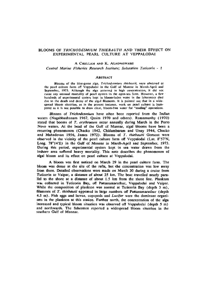 Chellam and Alagarswami (1978) Bloom Trichodesmium GoM | PDF | Plankton ...