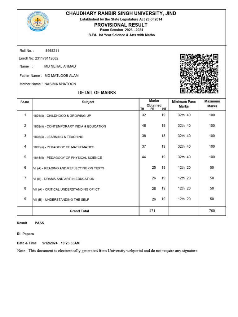 B.Ed. 1st Year Result - Nehal Ahmad | PDF