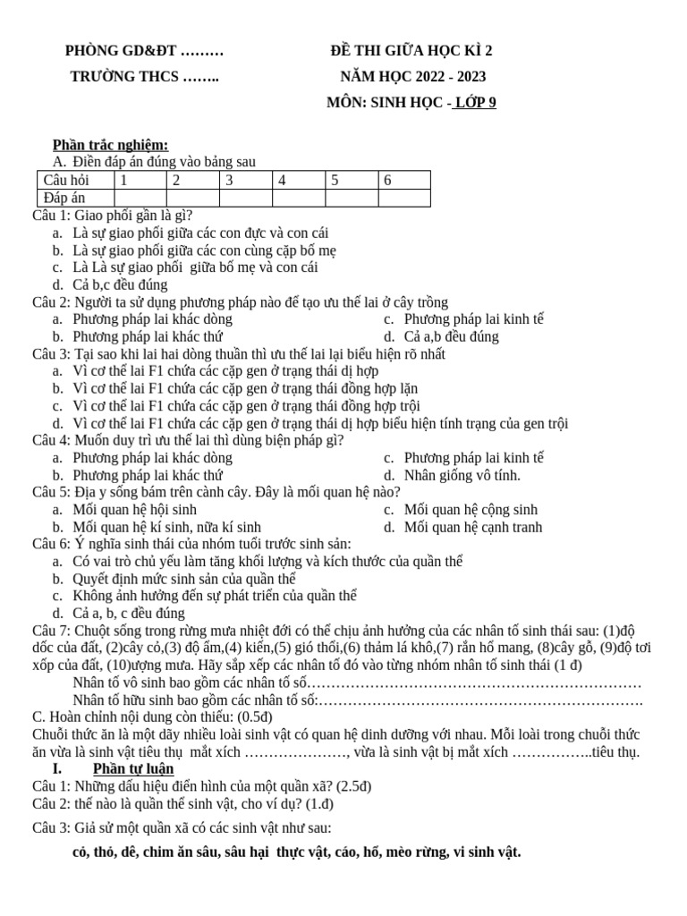 De Thi Giua Ki 2 Sinh 9 de 5 | PDF