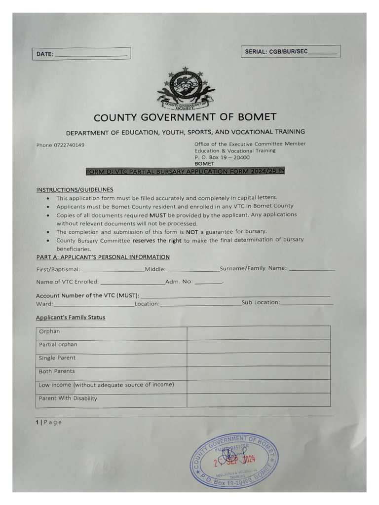 VTC Partial Bursary Application Form 2024 25 FY | PDF