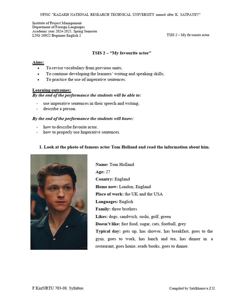 TSIS 2 Beginner 2 My Favourite Actor Spring 24-25 | PDF | Applied Linguistics | Human Communication