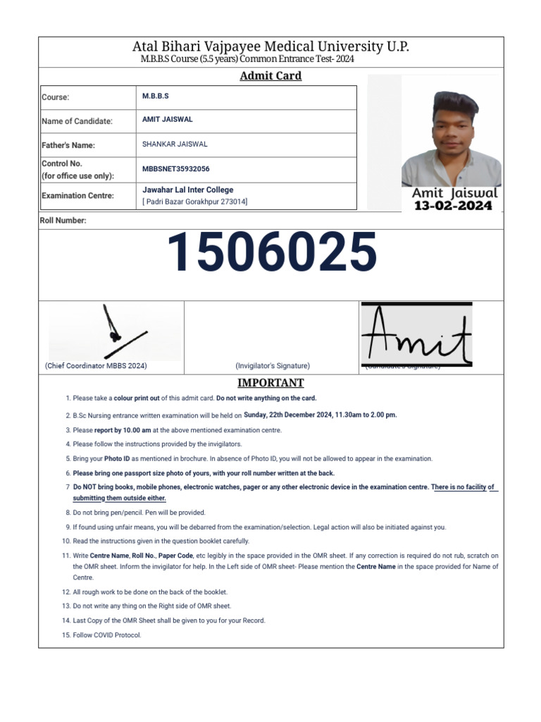 MBBS Entrance Exam Admit Card 2024 | PDF