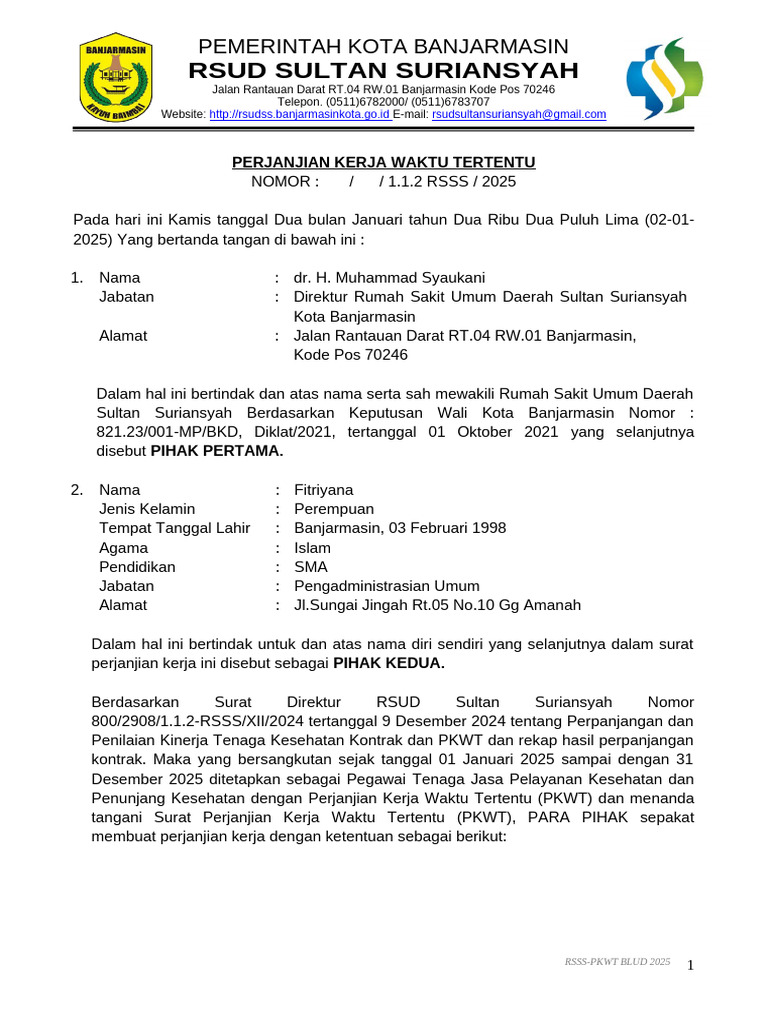 Perjanjian Kerja PKWT Blud 2025 (2.490.000) | PDF