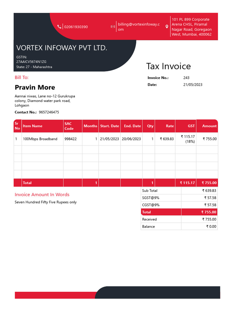 Vortex Infoway Broadband Invoice | PDF