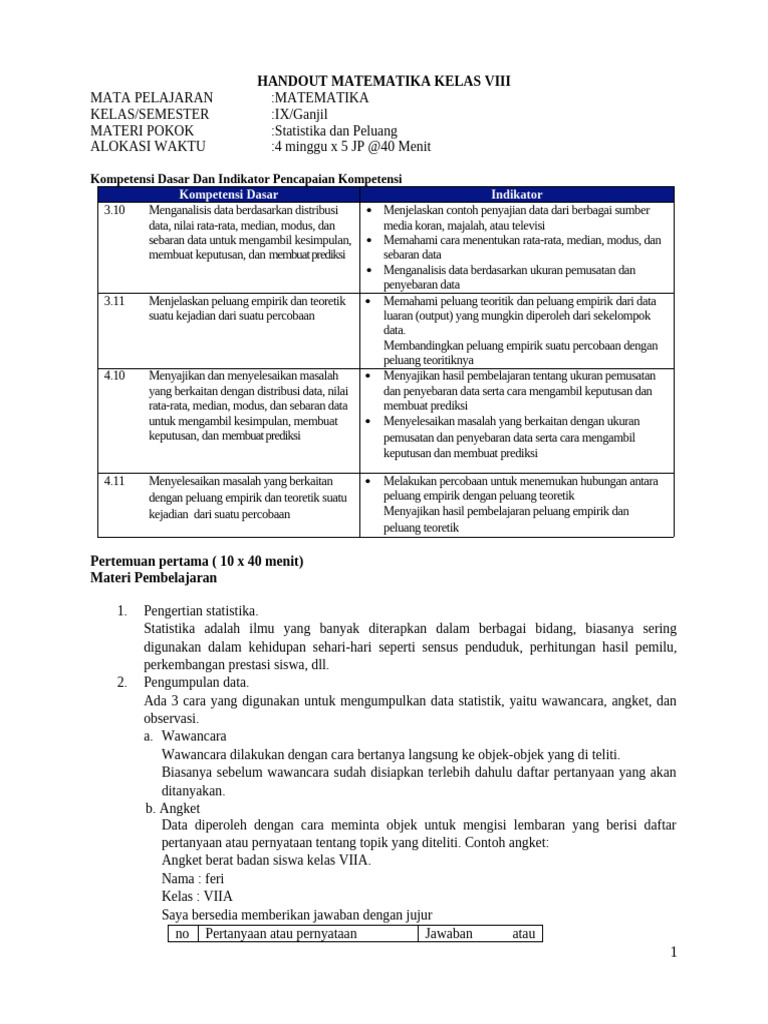 Handout Mm Statistika Dan Peluang Kelas Viii | PDF