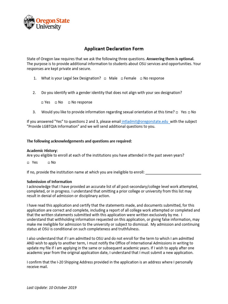OSU Declaration Form | PDF | University And College Admission