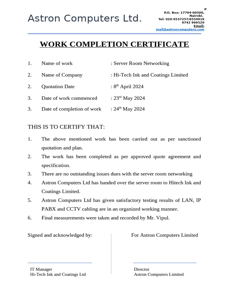 Server Room Networking Completion Certificate | PDF