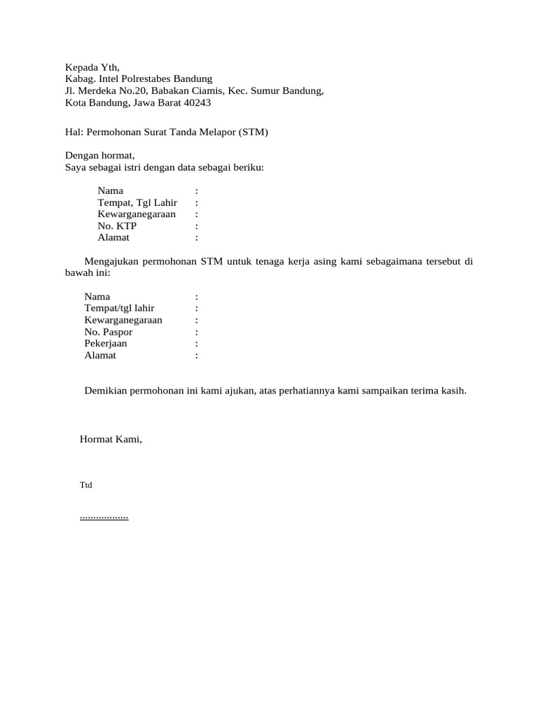 Draft Surat Permohonan Surat Tanda Melapor TKA (STM) Bandung | PDF