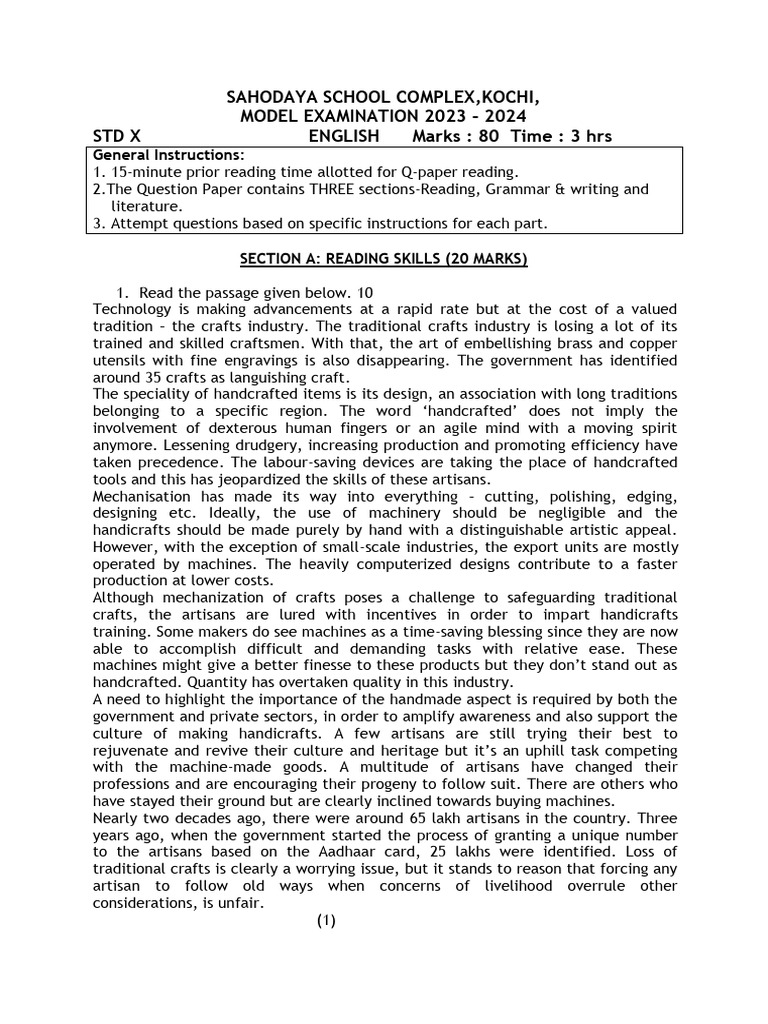 X_ENGLISH_SAHODAYA_QP | PDF | Books | Internet