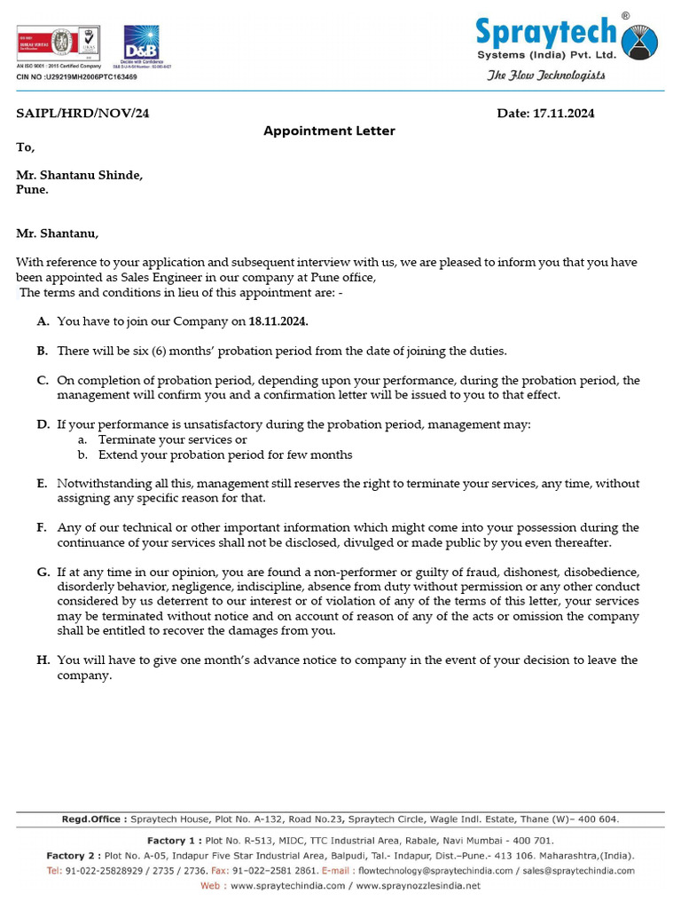 SSIPL Appointment Letter - Shantanu Shinde | PDF | Probation | Justice