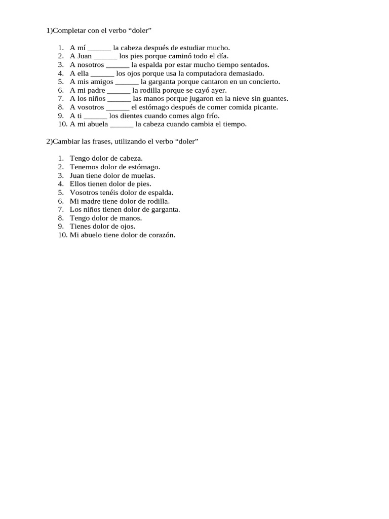 Ejercicios con el verbo "doler" | PDF