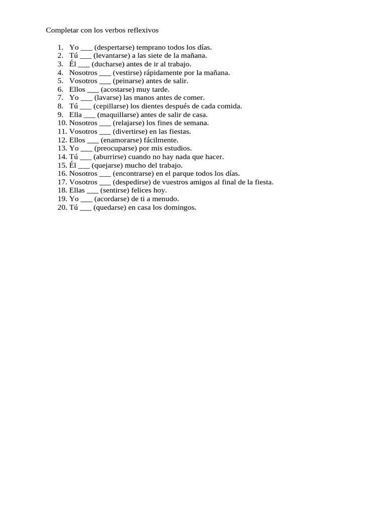 Ejercicios de Verbos Reflexivos en Español | PDF