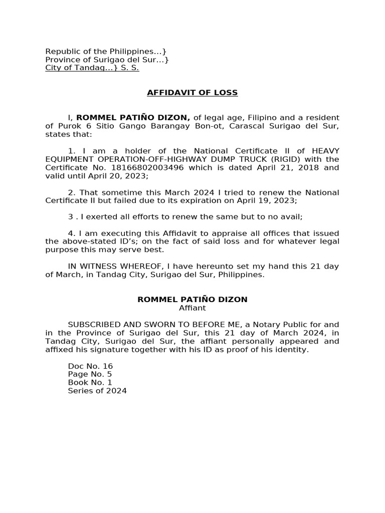 Affidavit of loss-ALEXANDER LAYSON | PDF