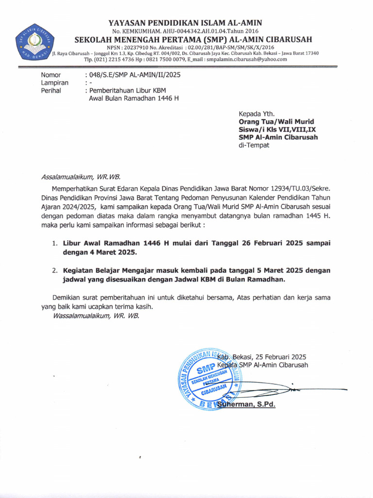 SURAT EDARAN LIBUR RAMADHAN TA.2024-2025 | PDF