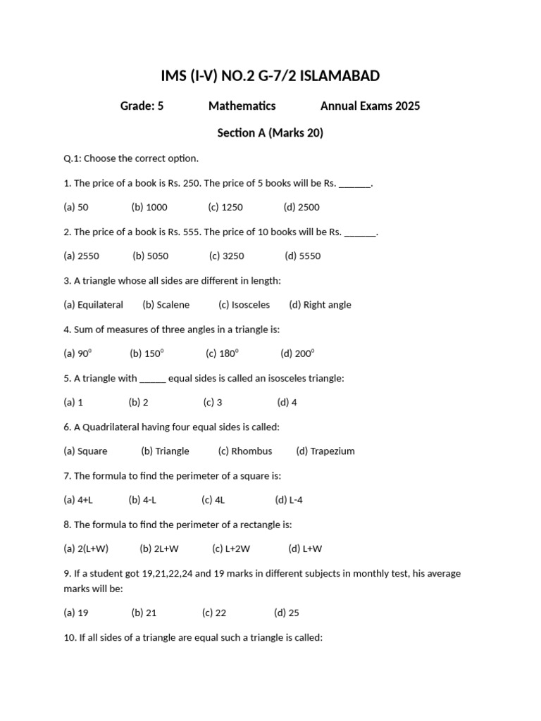 Ims (I-V) No.2 G-7/2 Islamabad: Grade: 5 Mathematics Annual Exams 2025 ...