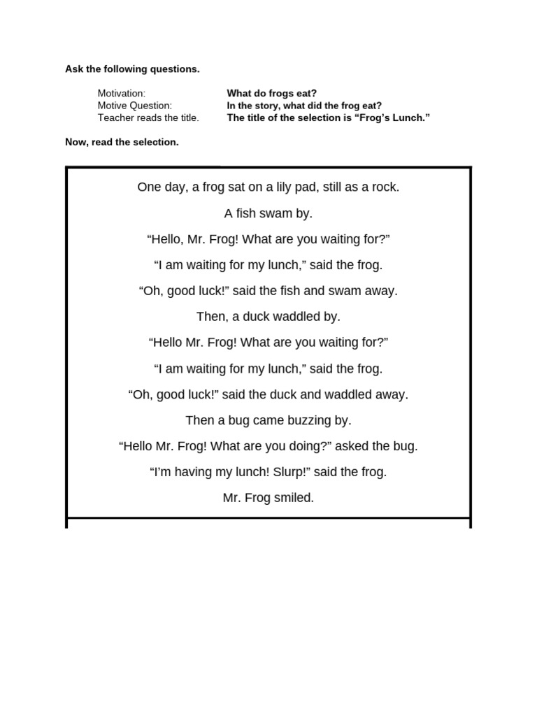 Frog's Lunch Quiz for Kids | PDF