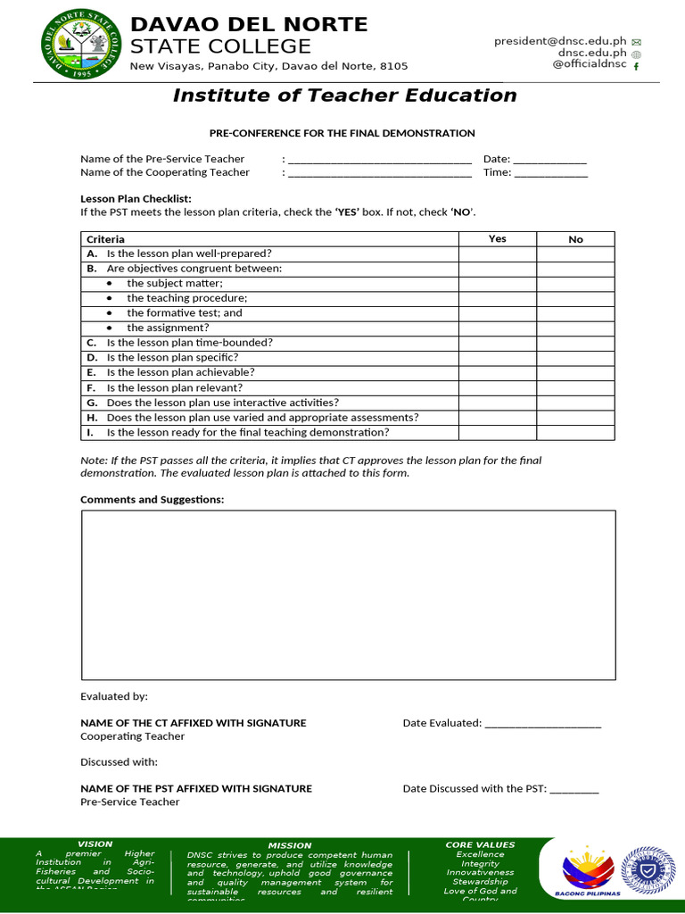 Pre and Post Conference Form | PDF | Lesson Plan