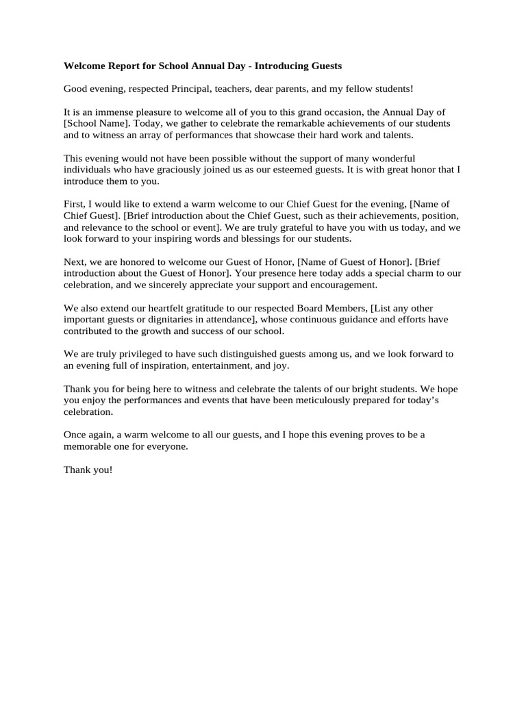 Welcome Report for Annual Day Event | PDF