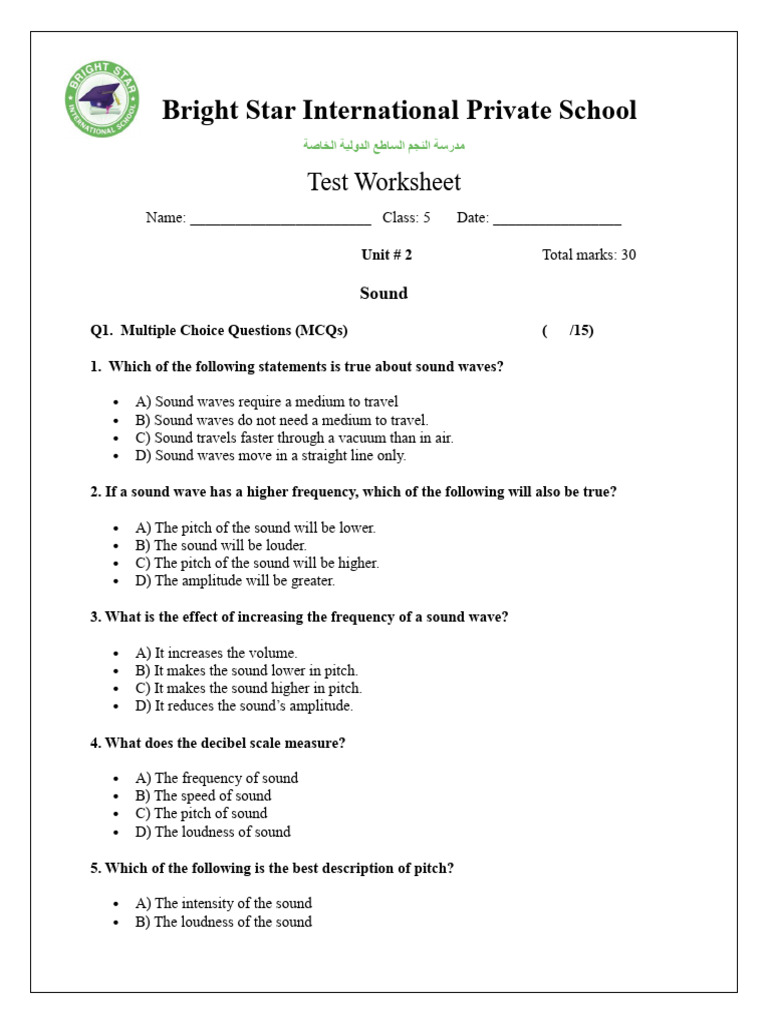 unit 2 class 5 test worksheet | PDF | Sound | Pitch (Music)