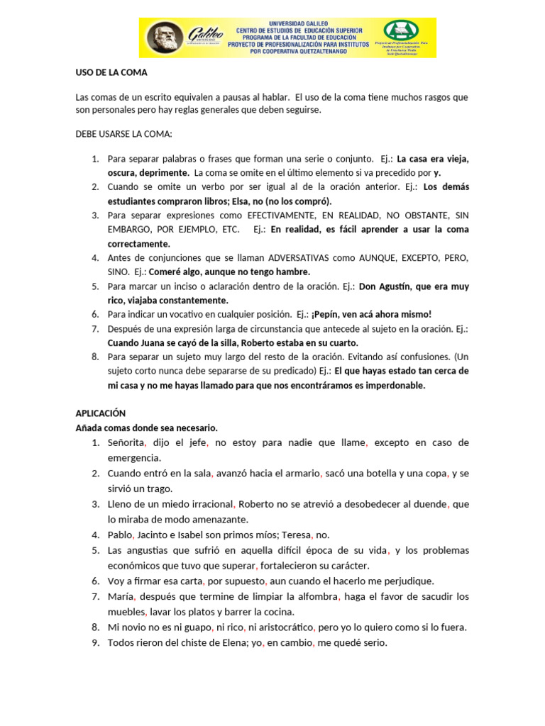 Reglas y ejemplos del uso de la coma | PDF | Oración (Lingüística ...