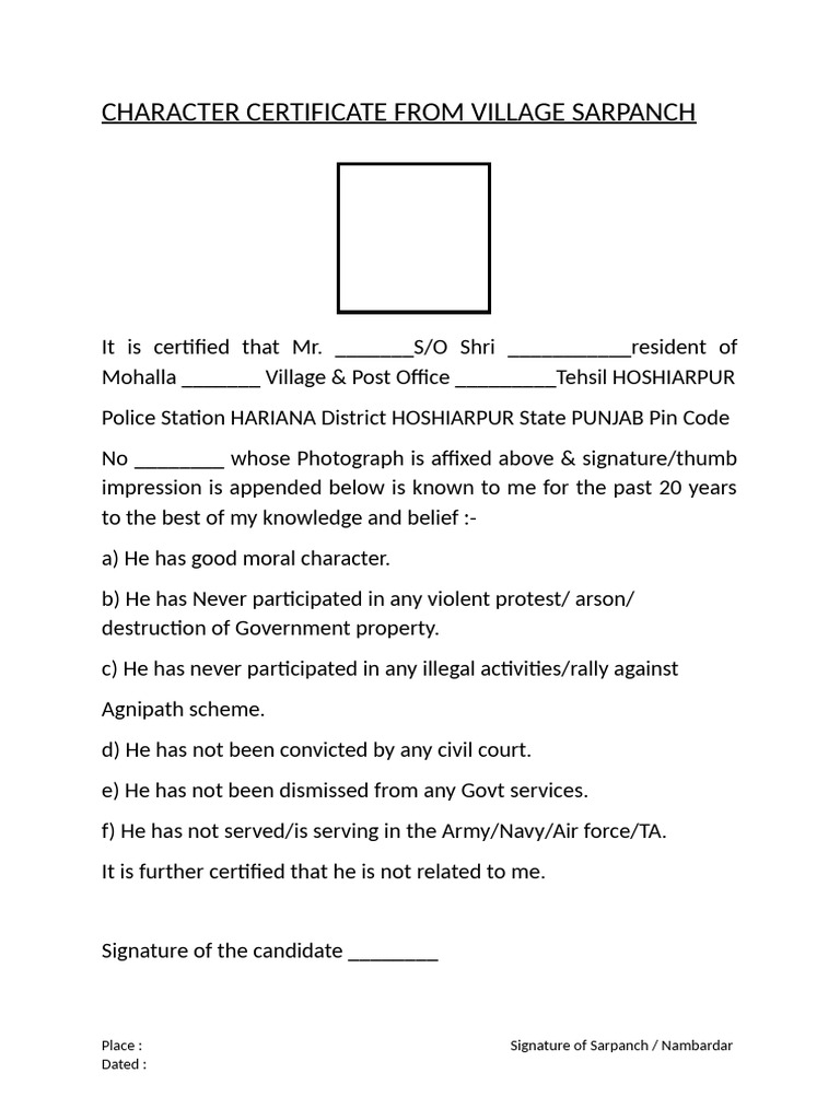 Character Certificate From Village Sarpanch | PDF