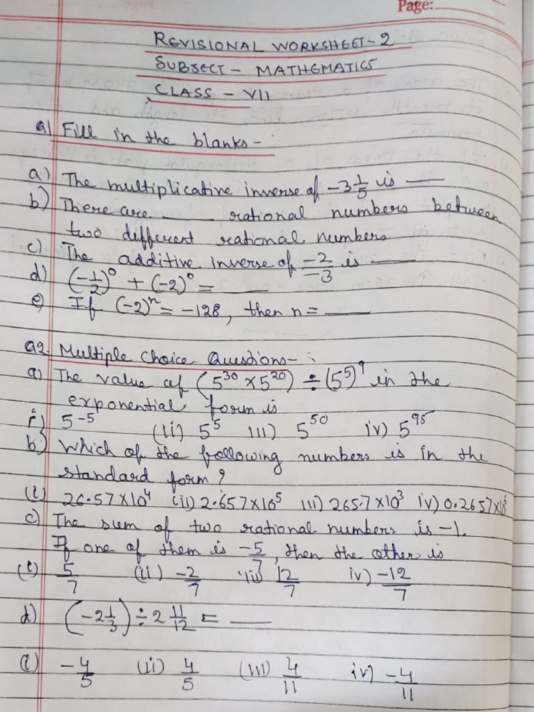 Maths Revisional Worksheet 2 Class 7 | PDF