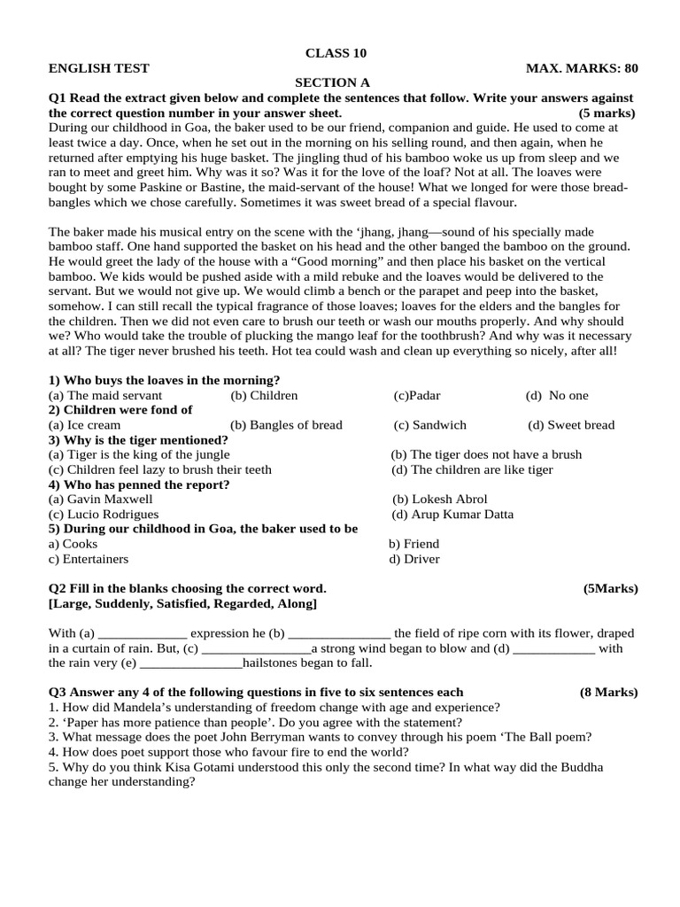 Class 10 English Unit Test Paper 80 Marks | PDF
